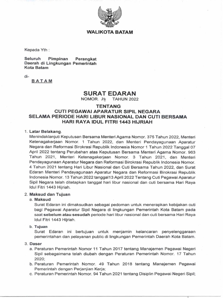 Surat Edaran Cuti ASN Periode Libur Nasional Dan Libur Bersama 1443H | PDF