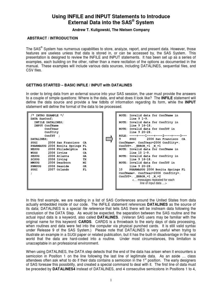 Using Infile And Input Statements To Introduce External Data Into The Sas System Pdf Pointer