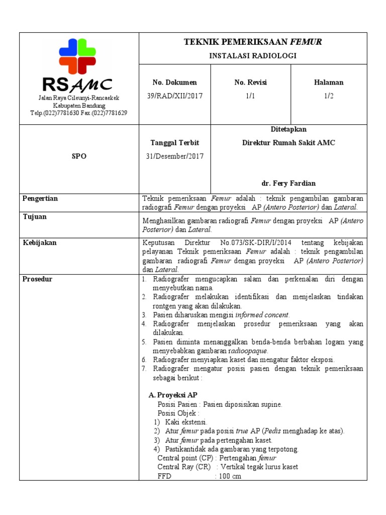 Teknik Pemeriksaan Femur SK 073 | PDF