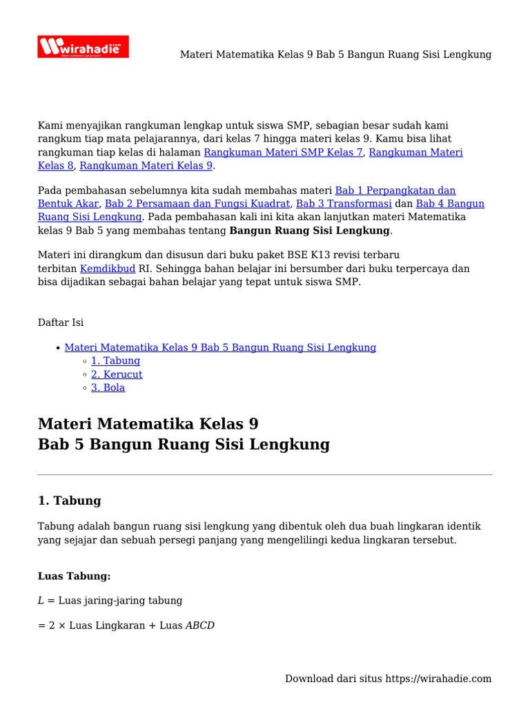 Materi Matematika Kelas 9 Bab 5 Bangun Ruang Sisi Lengkung | PDF