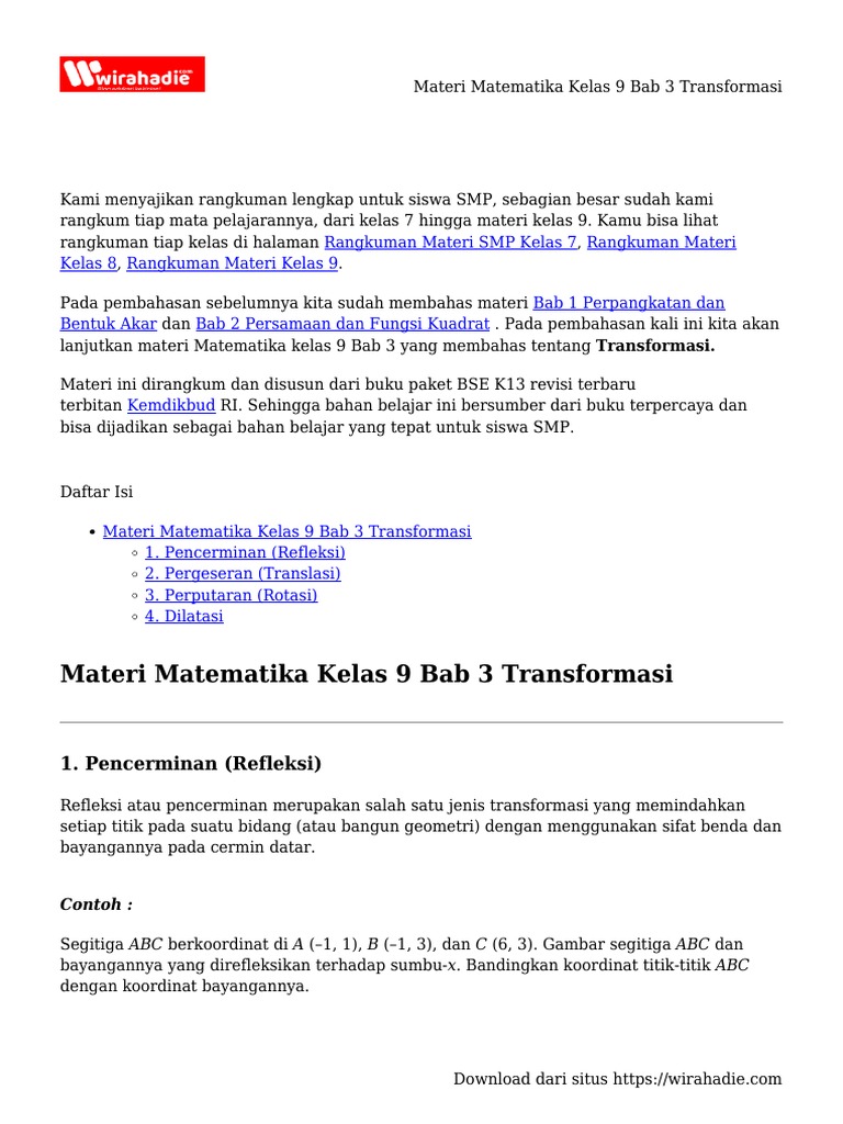 Materi Matematika Kelas 9 Bab 3 Transformasi | PDF | Metode & Bahan Ajar