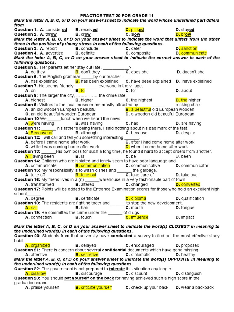 Grade 11 English Practice Test 20 | PDF