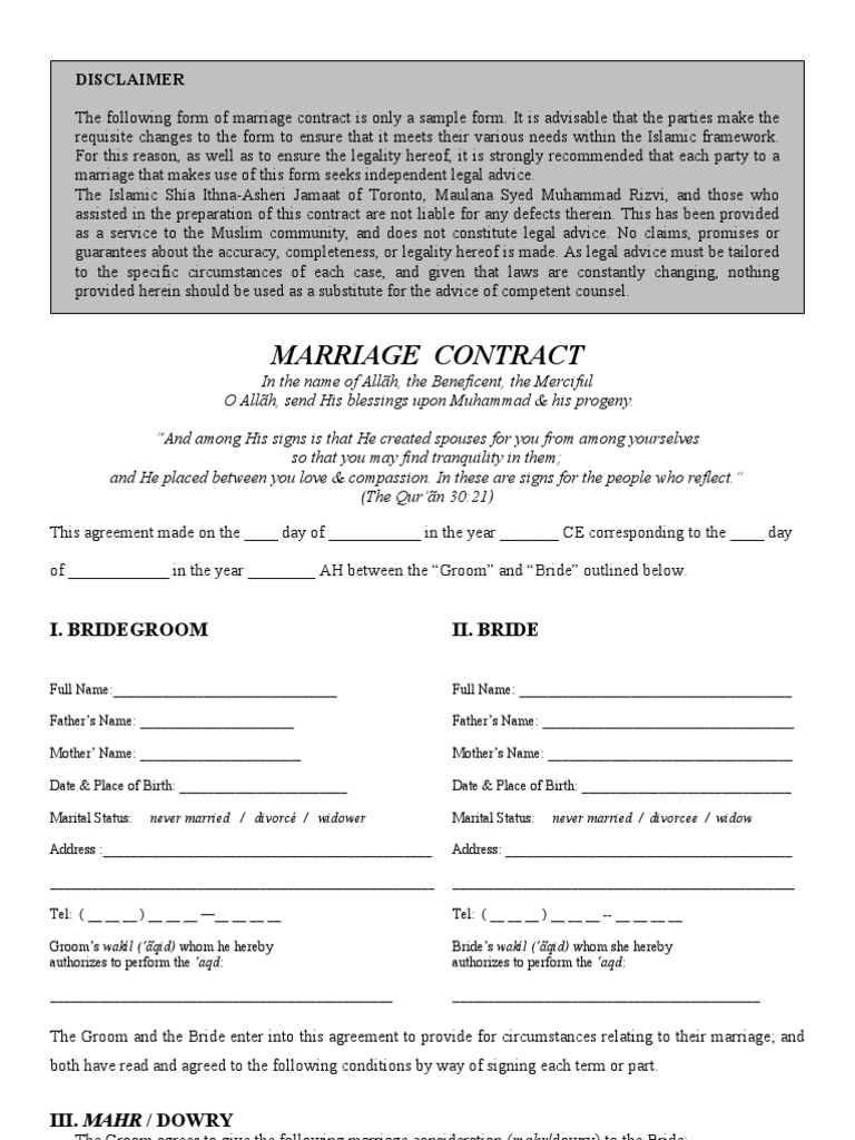 Shia Jafari Islamic Marriage Contract Template | PDF | Marriage | Wife