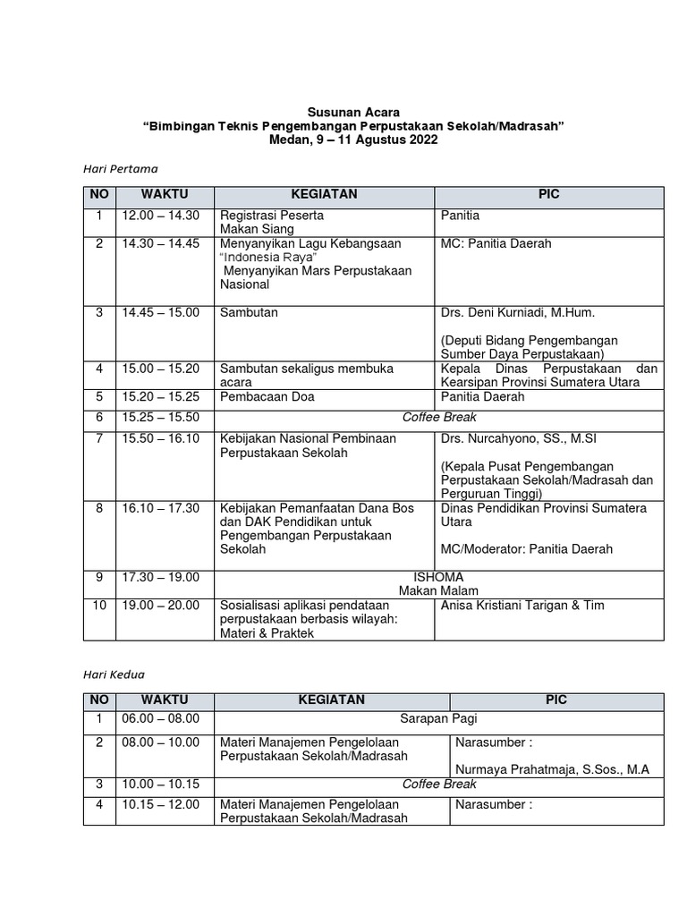 Susunan Acara Bimtek Medan | PDF
