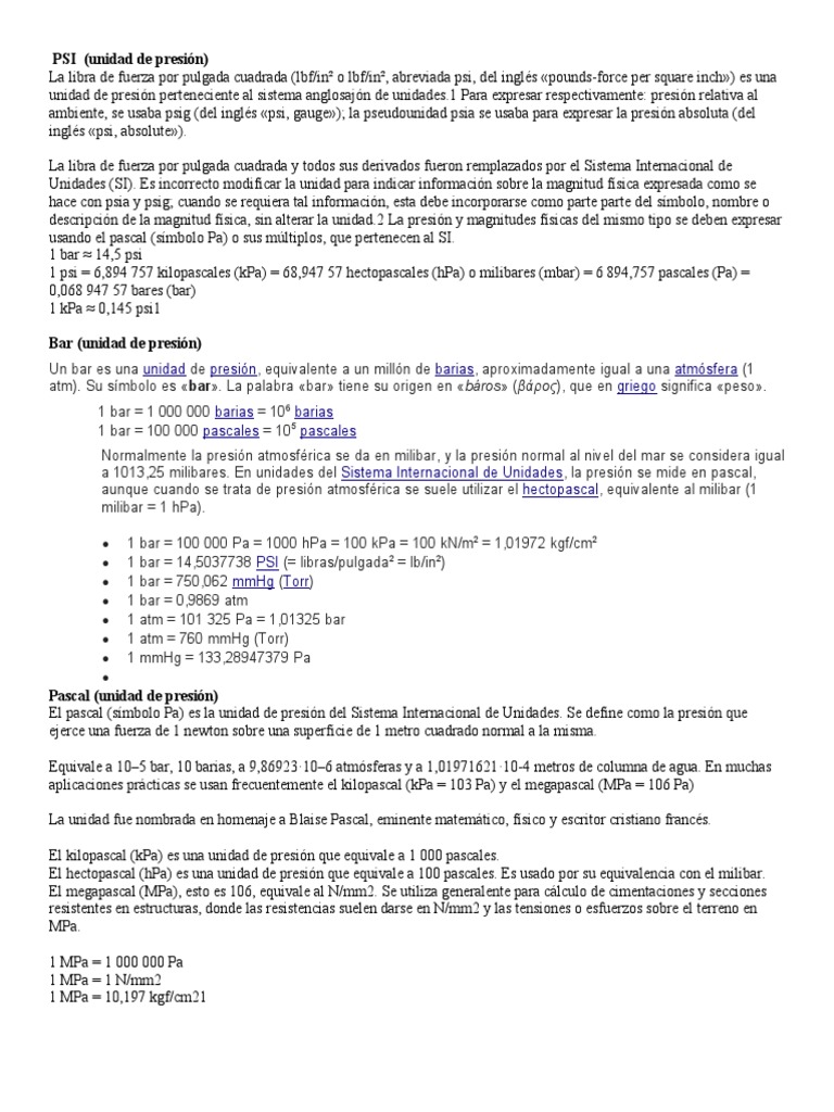 Comprendiendo las unidades de presión: PSI, bar, pascal y newton | PDF ...