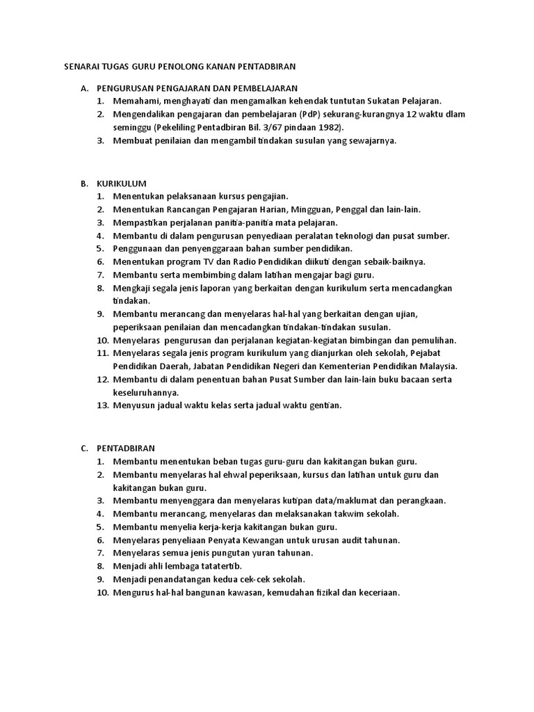 Senarai Tugas Guru Penolong Kanan Pentadbiran | PDF