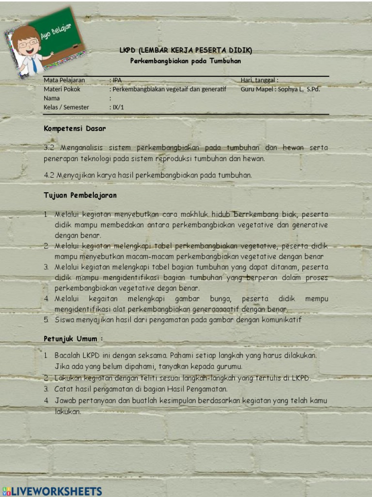 LKPD Sistem Perkembang Biakan Pada Tumbuhan Dan Hewan | PDF