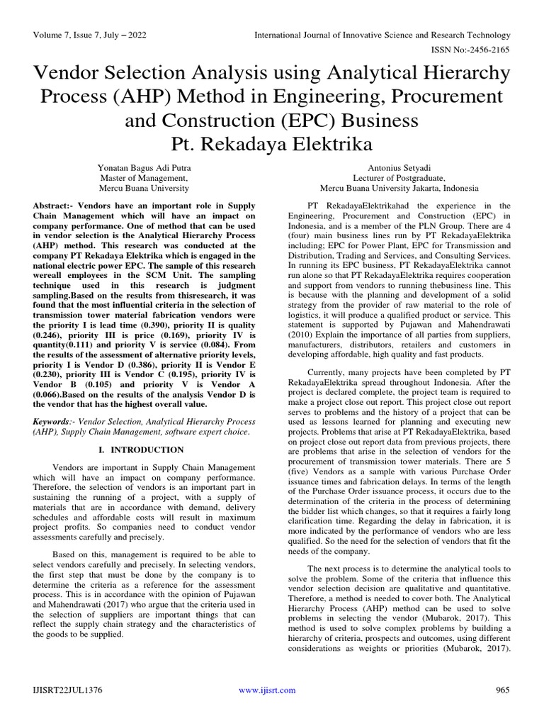 Vendor Selection Analysis Using Analytical Hierarchy Process Ahp Method In Engineering