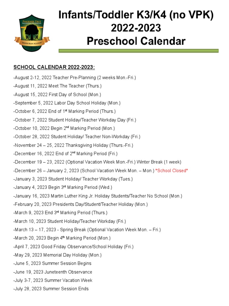 Preschool Calendar 2022-23 Updated | PDF