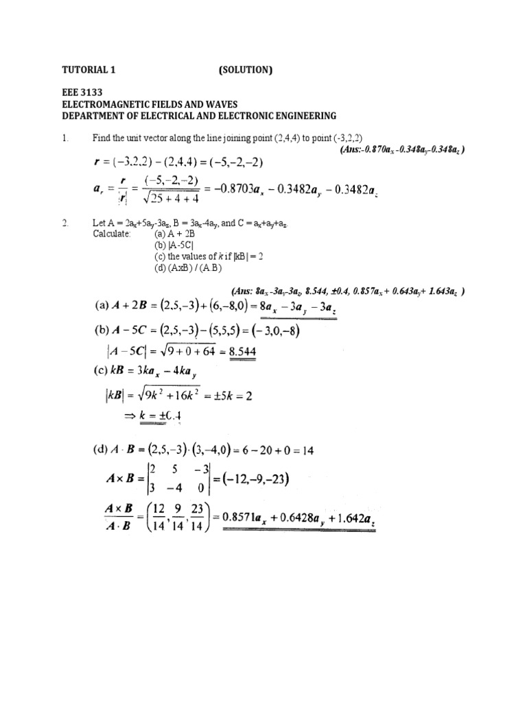 Tutorial 1 Solution Eee 3133 Electromagn | PDF | Electromagnetism | Physics
