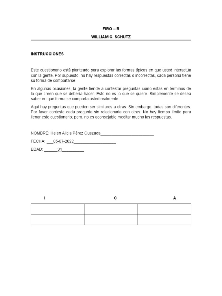 Test de FIRO - B Instrumento Que Se Utilizara para Las Relaciones ...