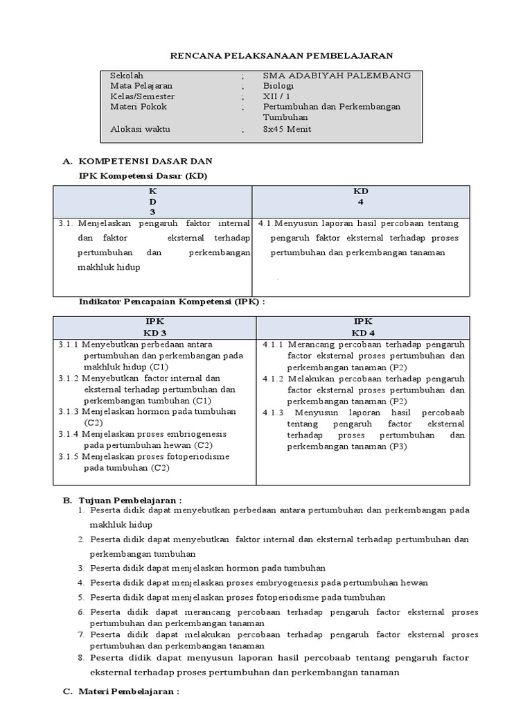 RPP Pertumbuhan Dan Perkembangan | PDF