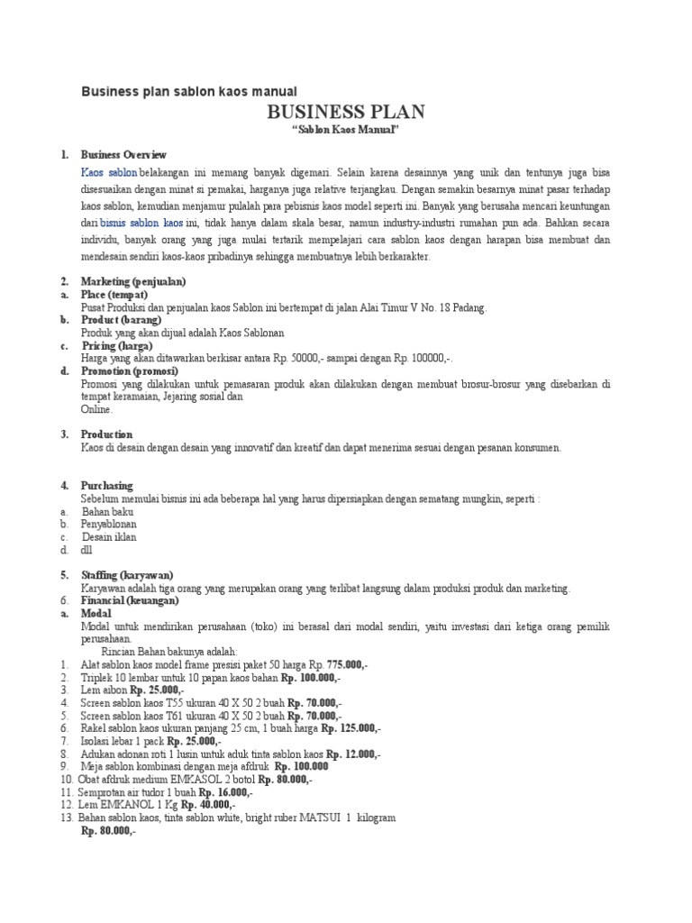 Business Plan Sablon Kaos Manual | PDF | Karier & Perkembangan | Seni
