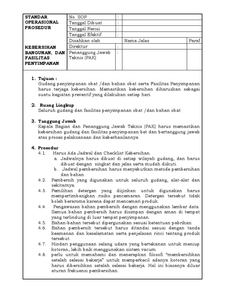Sop Kebersihan Bangunan, Dan Fasilitas Penyimpanan | PDF