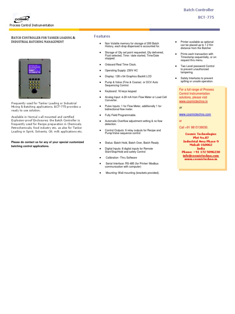 Batch Controller BCT-775: Process Control Instrumentation | PDF | Instrumentation | Computer ...