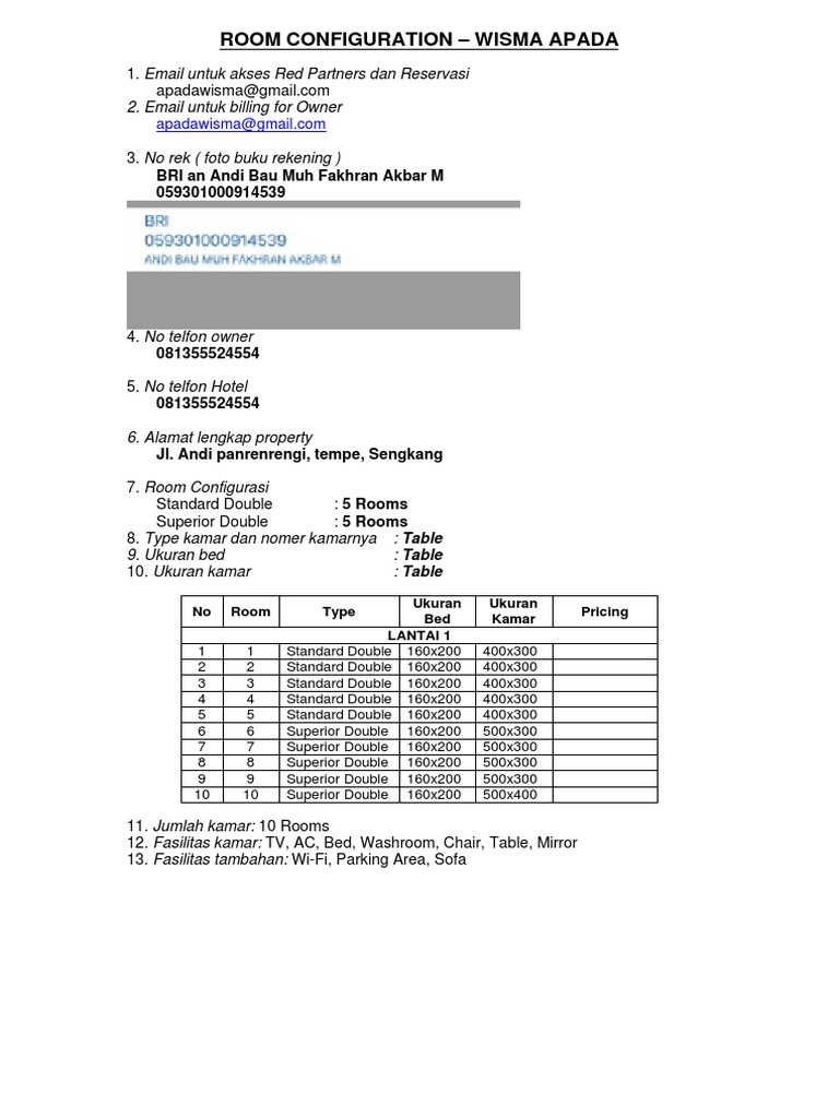 Room Configuration - Wisma Apada: BRI An Andi Bau Muh Fakhran Akbar M 059301000914539 | PDF ...