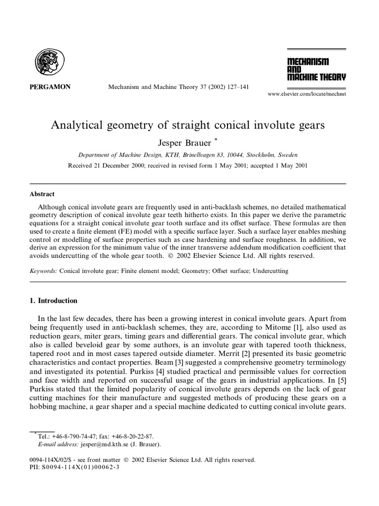 Analytical Geometry of Straight Conical Involute Gears | PDF | Gear ...