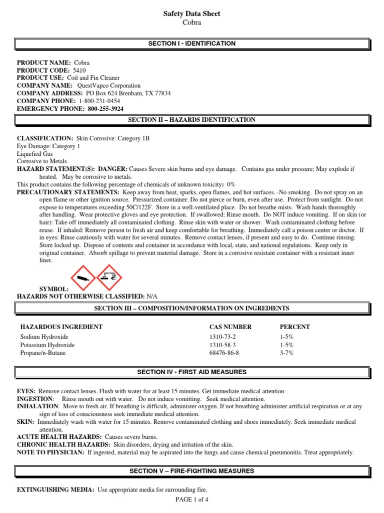Cobra Coil Cleaner Safety Data Sheet | PDF | Water | Firefighting