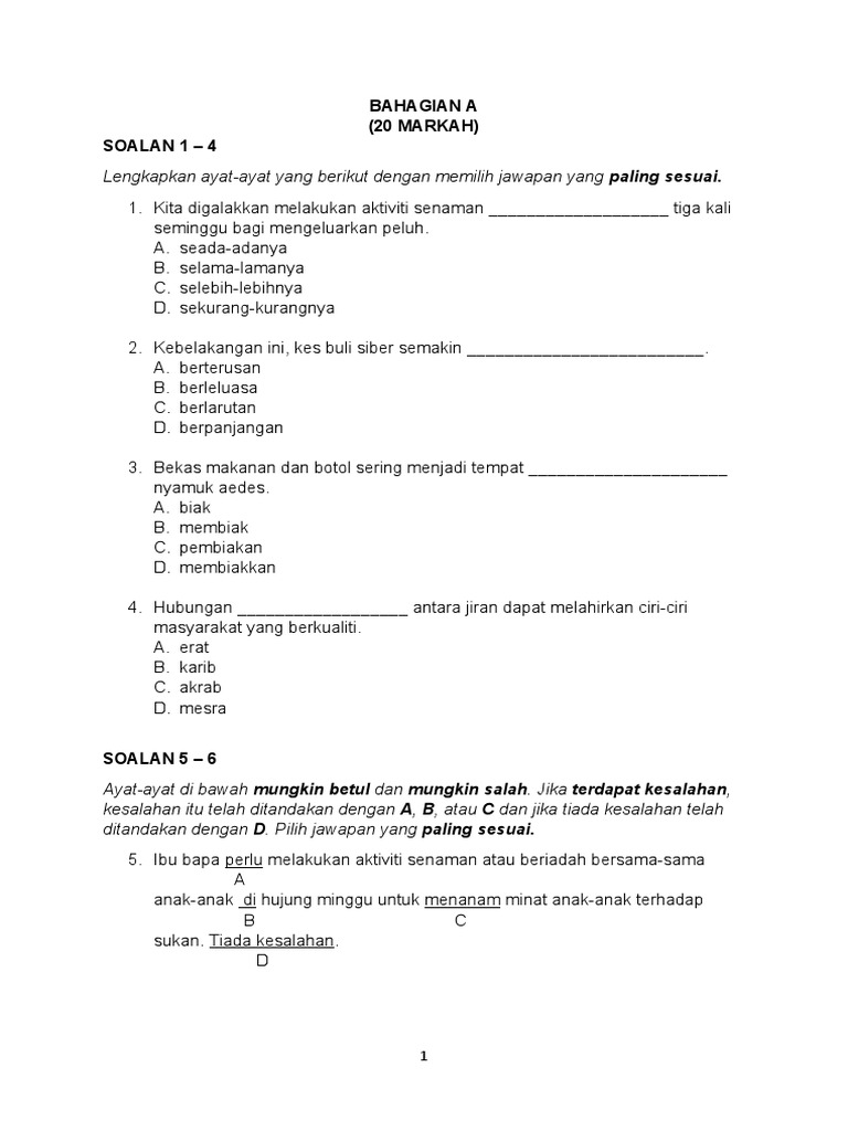 Soalan Bahasa Melayu Tingkatan 1 | PDF