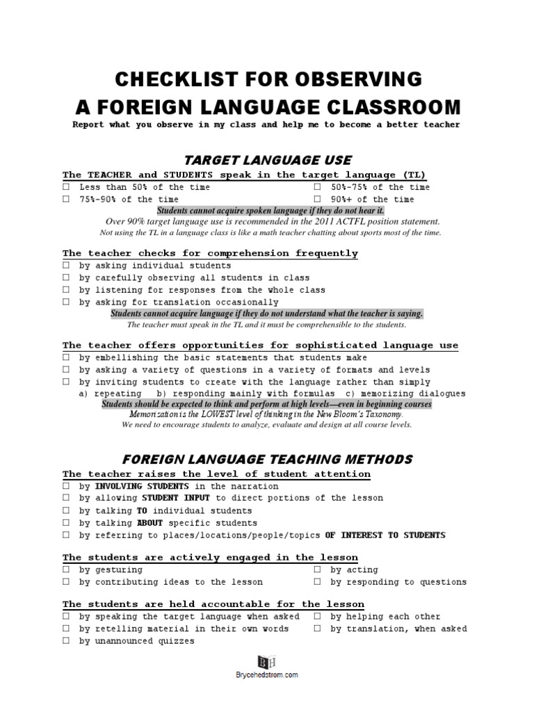 Checklist For Observing A Foreign Language Classroom | PDF | Teachers ...