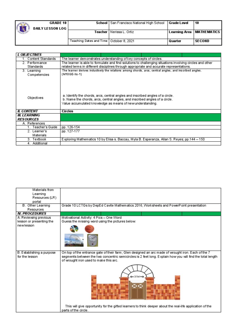 DLL MATH Circle | PDF | Circle | Angle