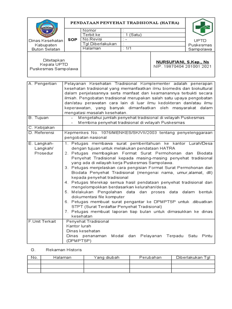 Sop Pendataan Penyehat Tradisional (Hatra) | PDF