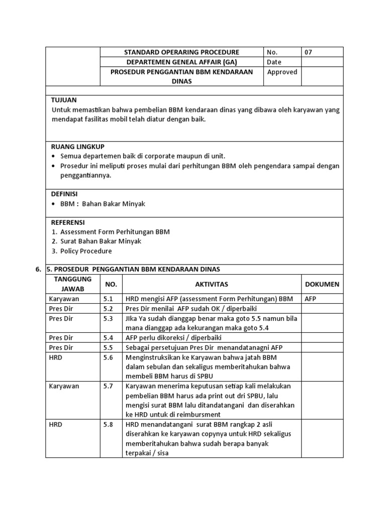 07 Prosedur Penggantian BBM Kendaraan Dinas | PDF