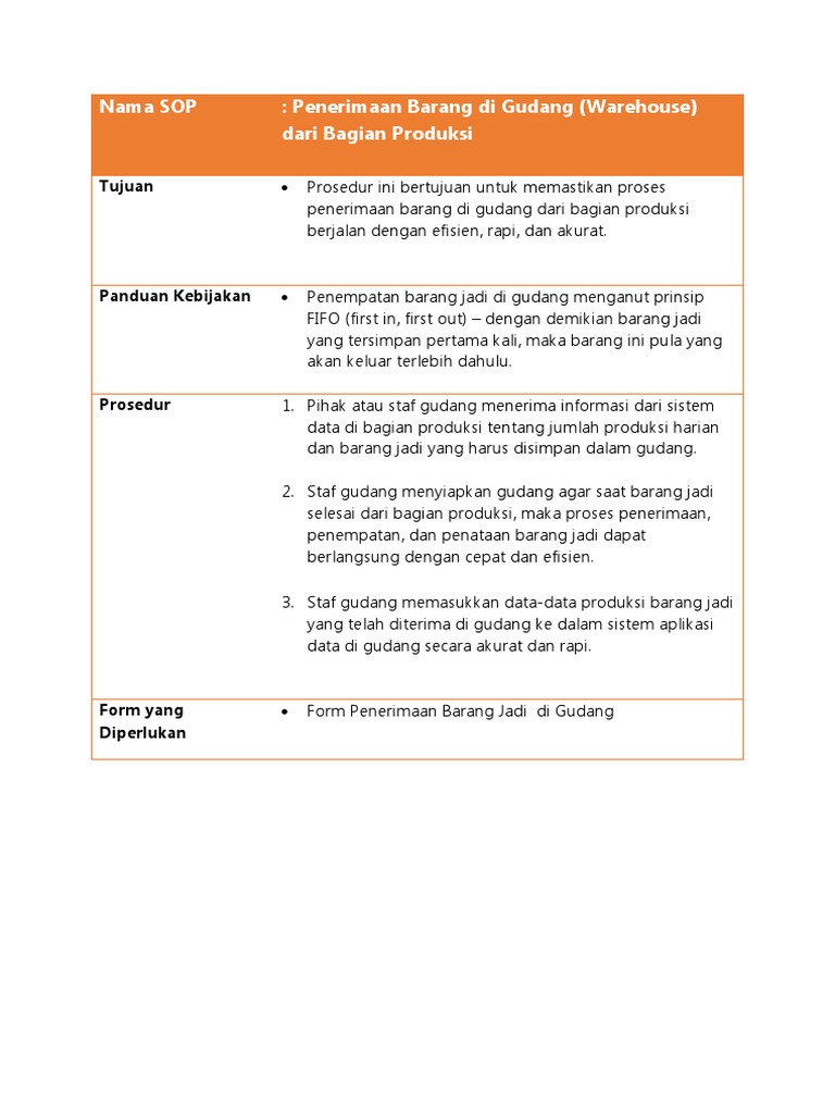 02 SOP Penerimaan Barang Dari Bagian Produksi | PDF