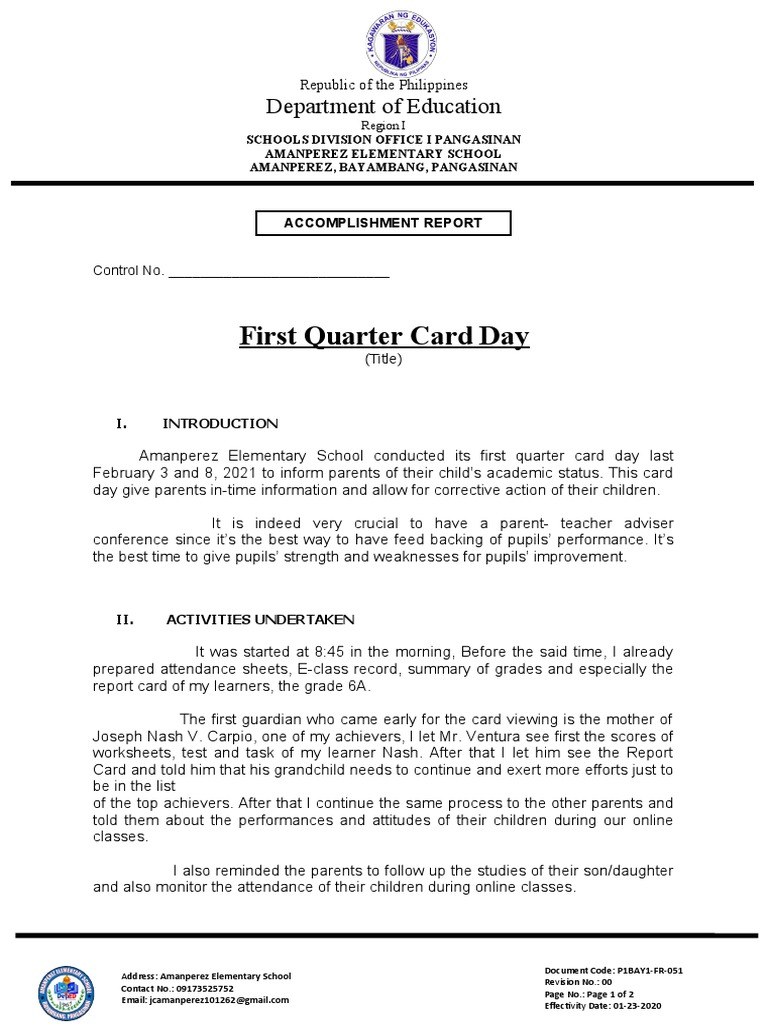 P1bay1 FR 051 Accomplishment Report Card Day 1st Quarter | PDF | Social ...