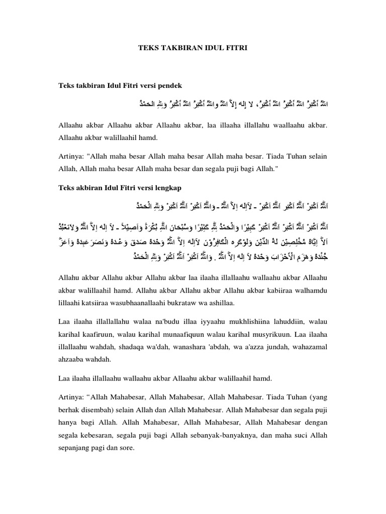 Teks Takbiran Idul Fitri Lengkap | PDF