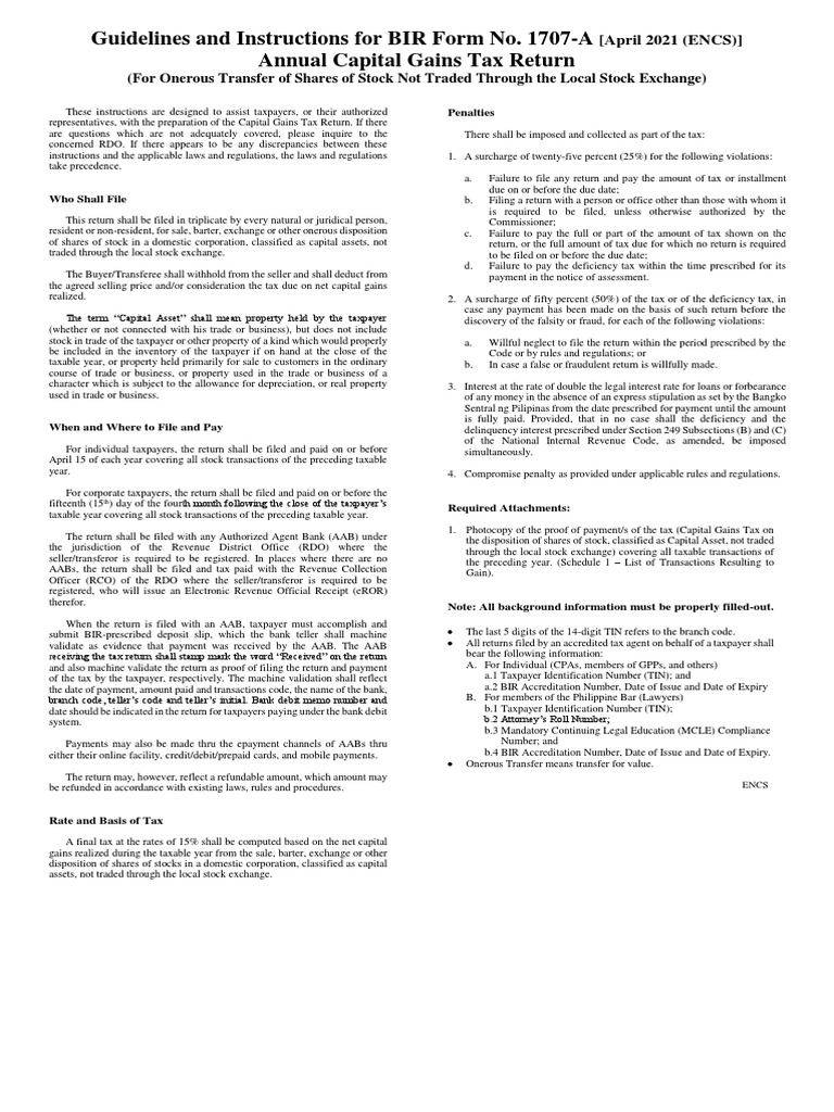 BIR Form 1707-A: Capital Gains Tax Guide | PDF | Taxes | Taxpayer
