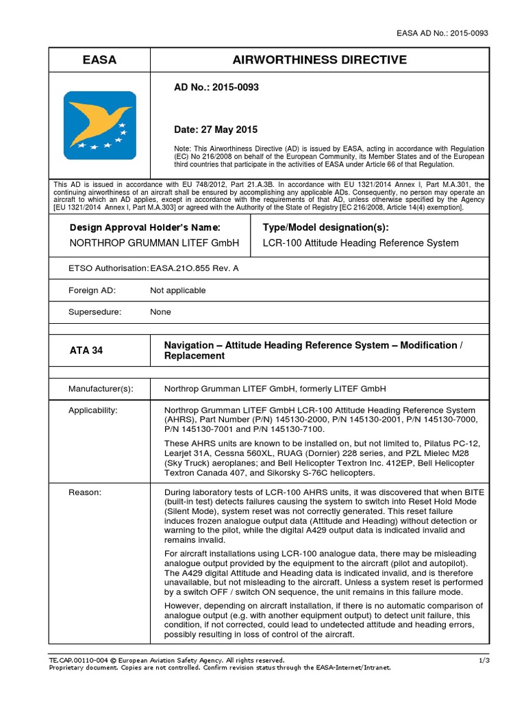 Easa Airworthiness Directive: AD No.: 2015-0093 | PDF | Transport ...