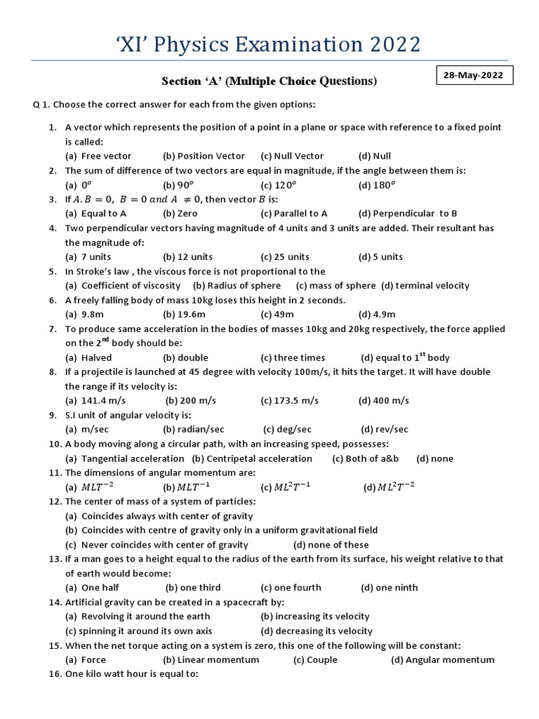 XI' Physics Examination 2022: Section A' (Multiple Choice Questions) | PDF | Acceleration ...