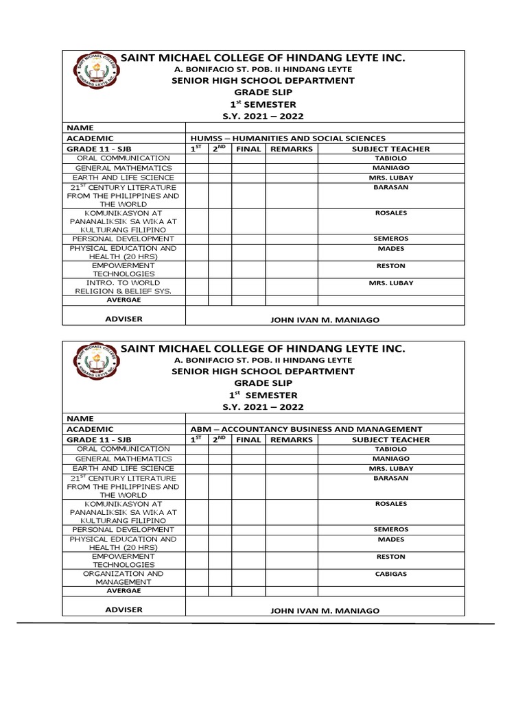 Grade Slip for Senior High School 11 | PDF | Science