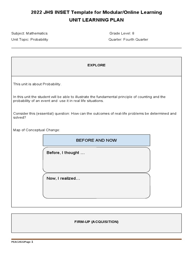 2022 JHS INSET Template For Modular/Online Learning Unit Learning Plan ...