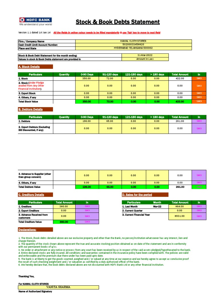 Stock & Book Debts Statement | PDF | Debt | Business