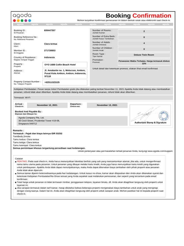 Confirmation For Booking ID # 600447357 | PDF