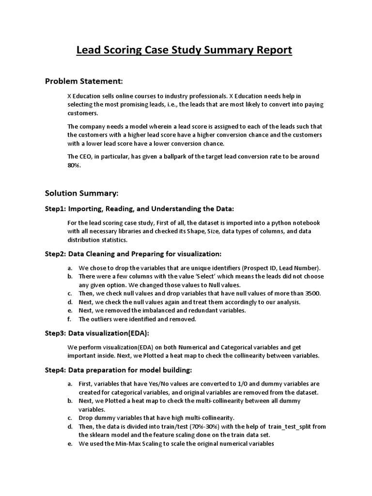 Lead Scoring Case Study Summary Report | PDF | Sensitivity And ...