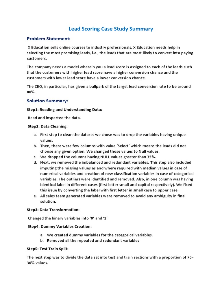 Lead Scoring Case Study Summary-Mamta Lohani and Garima Bansal | Download Free PDF | Sensitivity ...