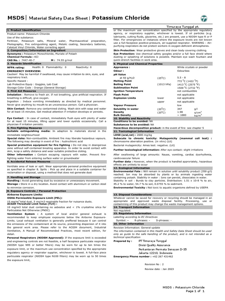 MSDS KCL Pupuk - 1 LBR | PDF | Potassium Chloride | Water