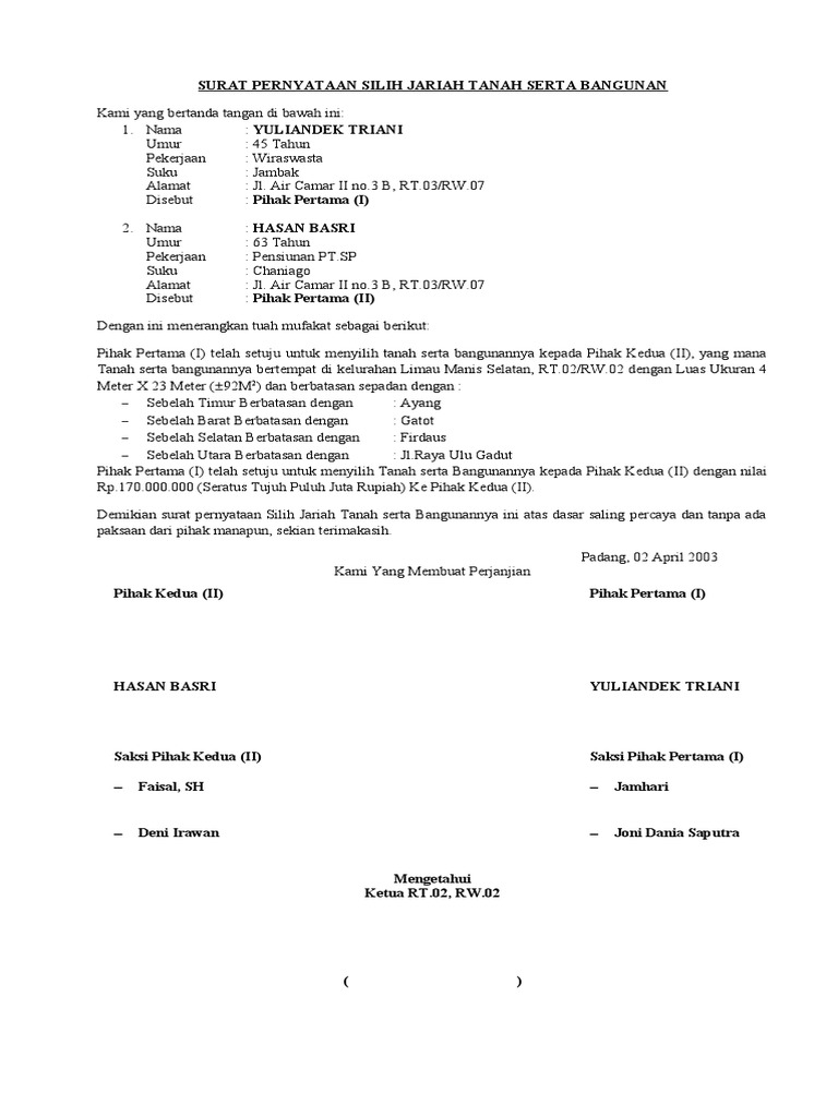 Surat Pernyataan Silih Jariah Tanah | PDF