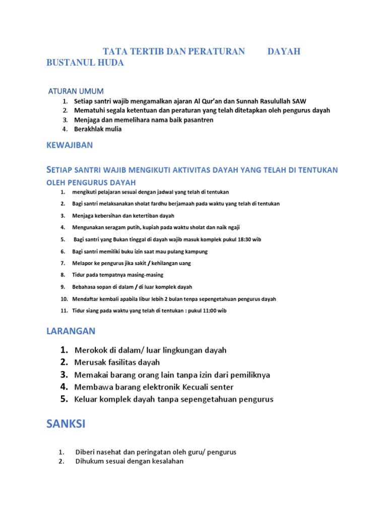 Tata Tertib Santri Dayah Bustanul Huda | PDF | Perjalanan | Kesehatan ...