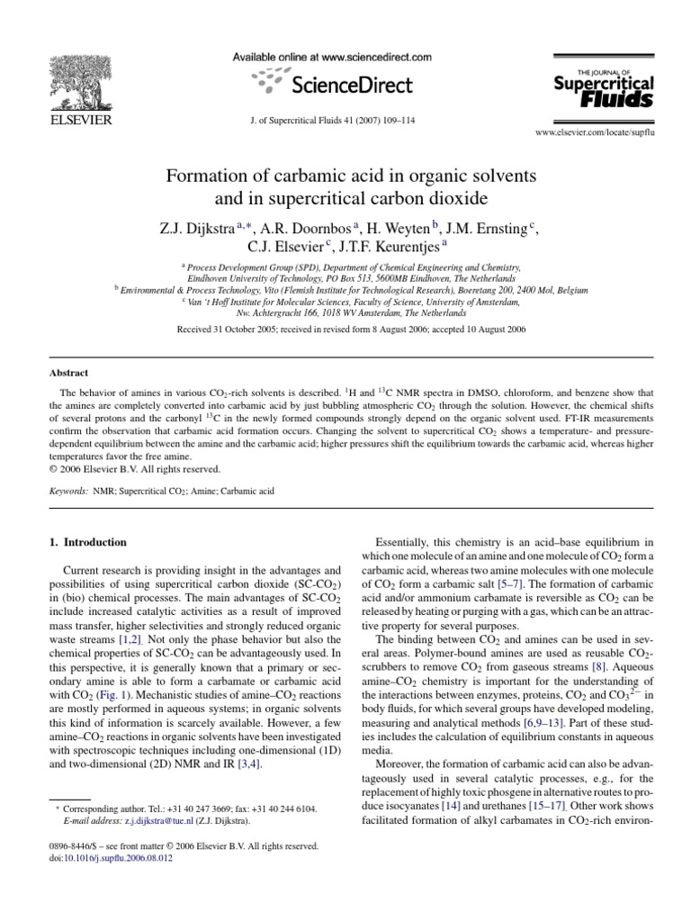 Formation of Carbamic Acid in Organic Solvents | PDF | Amine | Nuclear ...
