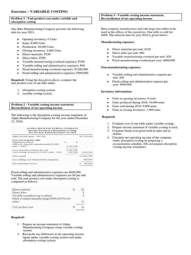 Exercises - Variable Costing | PDF | Inventory | Income Statement Exercises - Variable Costing | PDF | Inventory | Income Statement