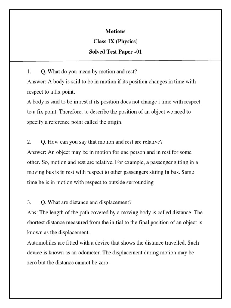 Motions Class-IX (Physics) Solved Test Paper - 01 | PDF | Velocity | Speed