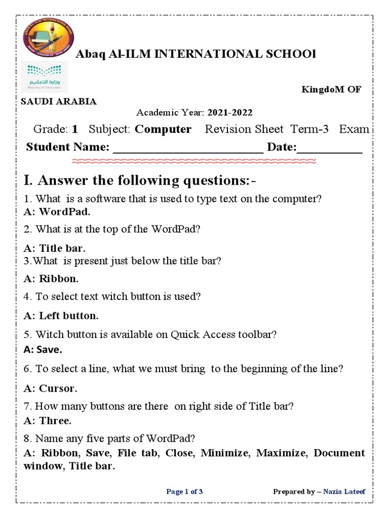 Grade 1 Revision Sheet | PDF