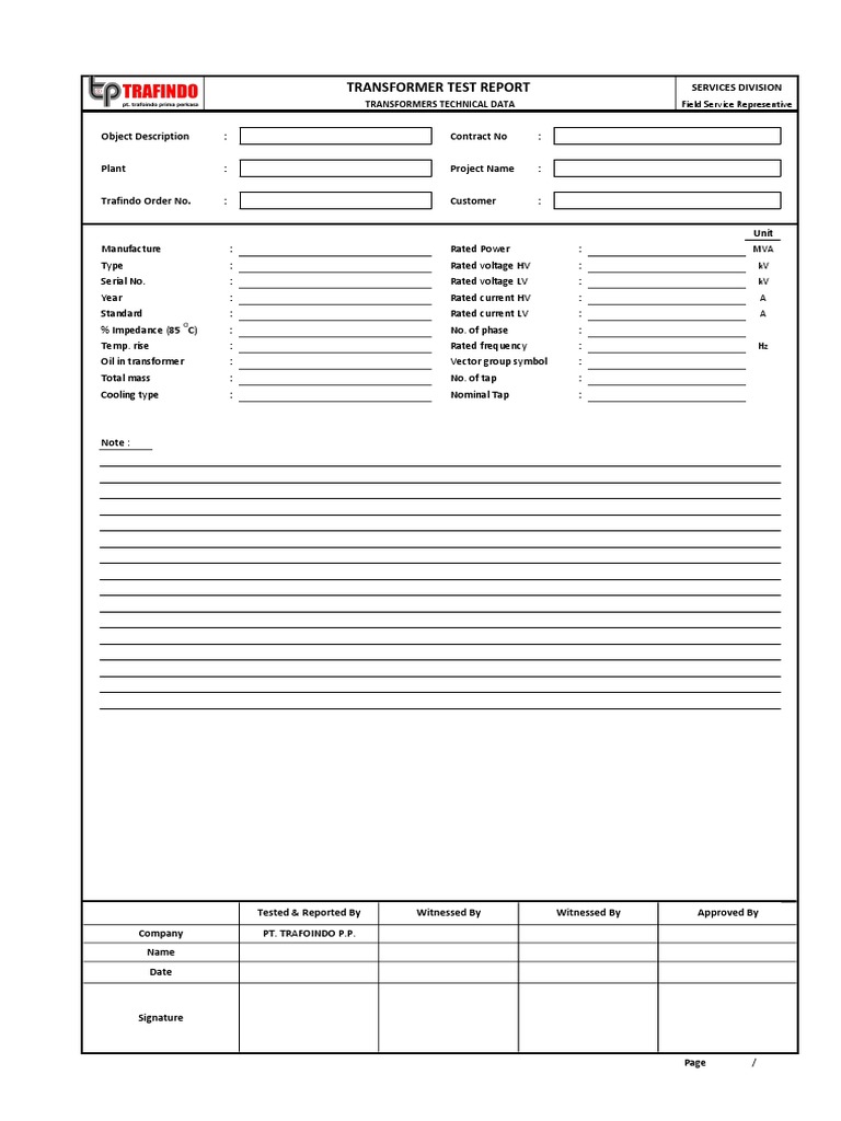 Transformer Test Report: Transformers Technical Data Field Service ...