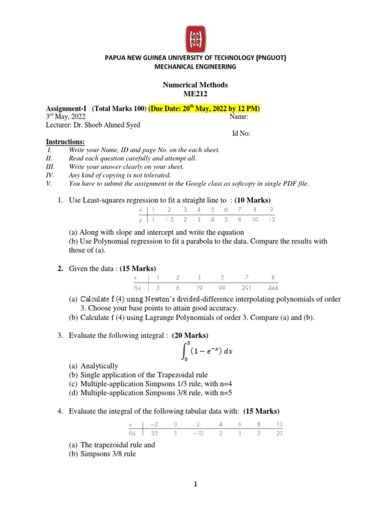 Numerical Methods ME212: Papua New Guinea University of Technology ...