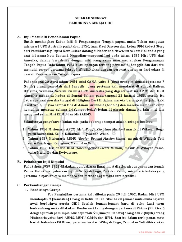 Sejarah Gereja GIDI di Papua | PDF | Perjalanan