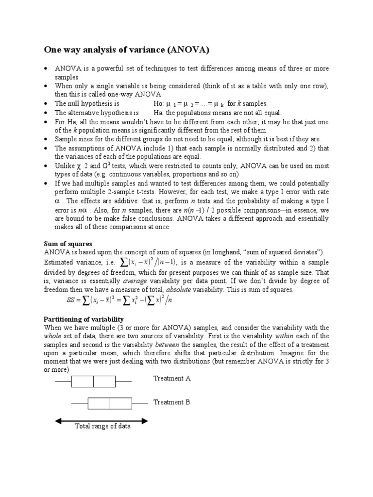 One Way Anova Test Differences Between Multiple Sample Means Pdf Analysis Of Variance